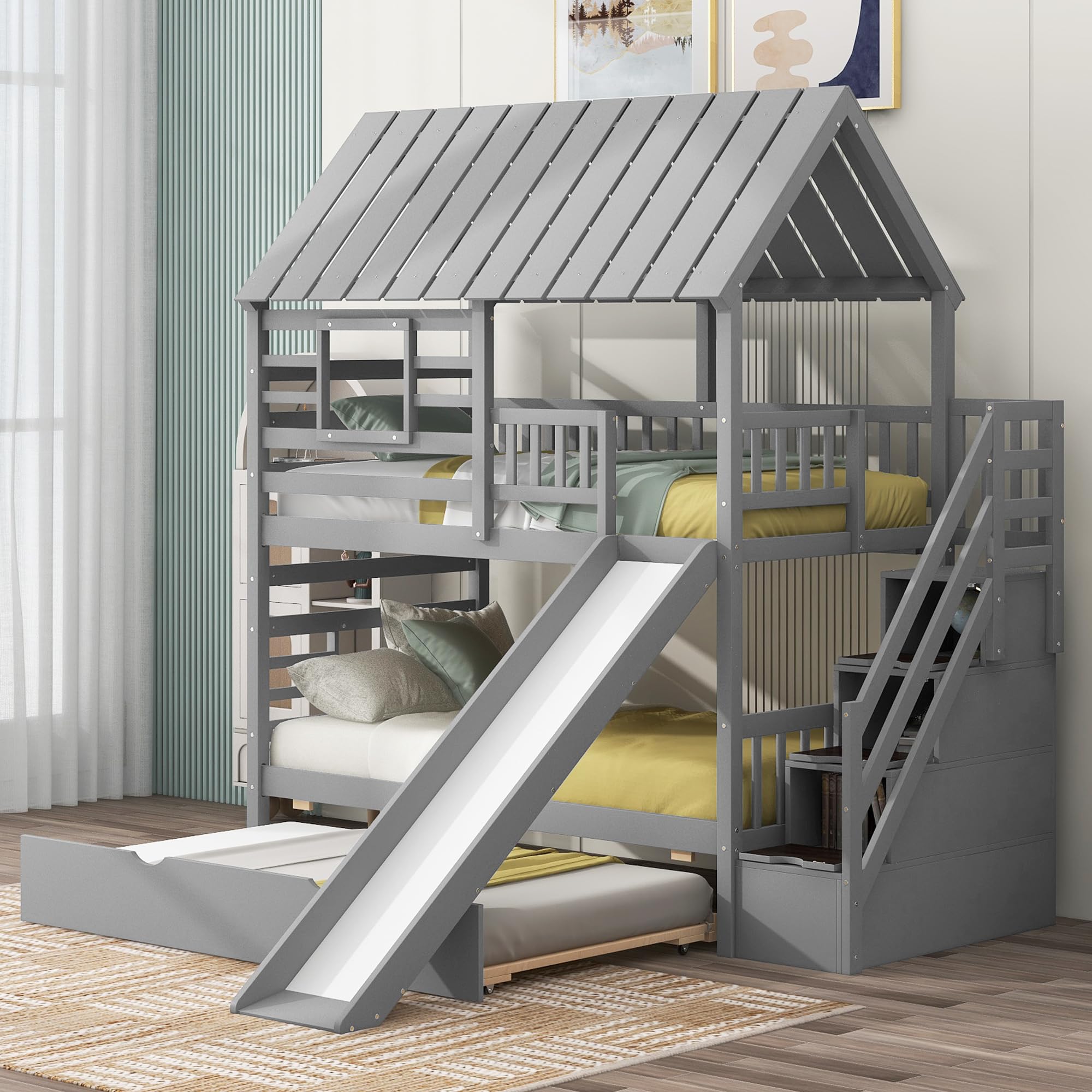 BOVZA Stairway House Bunk Bed Twin Over Twin with Trundle and Slide, Wooden Bunk Bed Frame with Storage Stairs, Roof and Window Design, for Kids Girls Boys, Gray