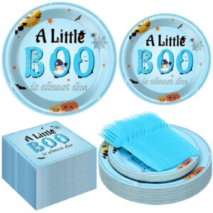 havawish 96 pcs little boo is almost due decorations halloween baby shower tableware party supplies ghost paper plates napkins forks set for halloween themed baby shower party favor (blue,classic)