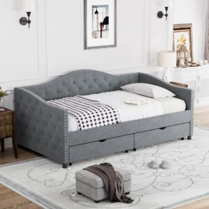 ONEMMLION Daybed with 2 Storage Drawers, Upholstered Button Tufted Twin Size Daybed Frame in Linen Fabric for Bedroom Guest Room, Grey