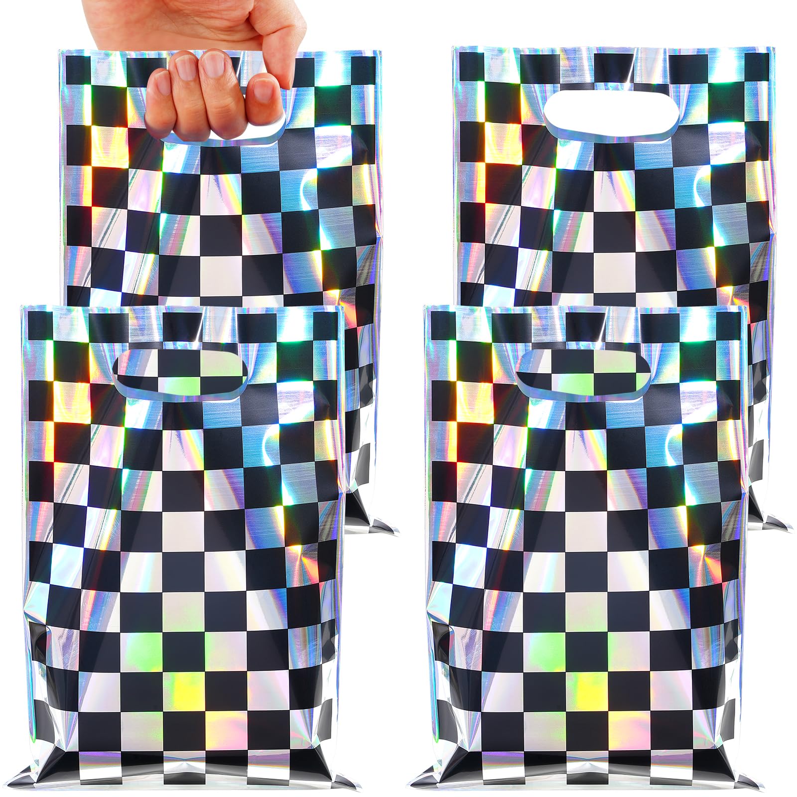 50 Pcs Iridescent Checkered Race Car Party Favor Bags, Plastic Black and Iridescent Car Goodie Treat Bags, Racecar Laser Plaid Candy Gift Bags for Kids Fast Race Car Birthday Party Decorations