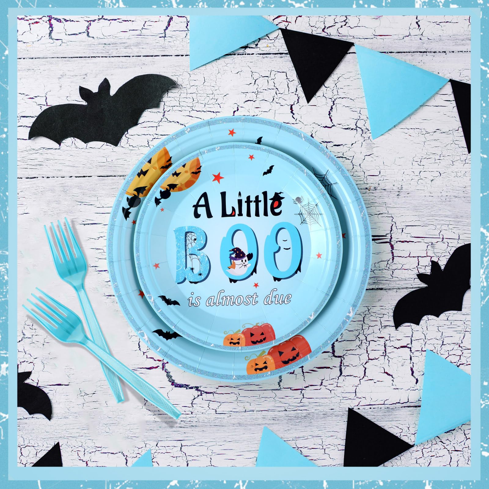 Havawish 96 Pcs Little Boo Is Almost Due Decorations Halloween Baby Shower Tableware Party Supplies Ghost Paper Plates Napkins Forks Set for Halloween Themed Baby Shower Party Favor (Blue,Classic)