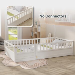 ECKF Twin Size Montessori Floor Bed with High Fence, Door and Slats, Wood Kids Bed Twin Size, Floor-Bed-Frame for Bedroom, Toddlers, Boys Girls, Kids Playroom (White, Twin)