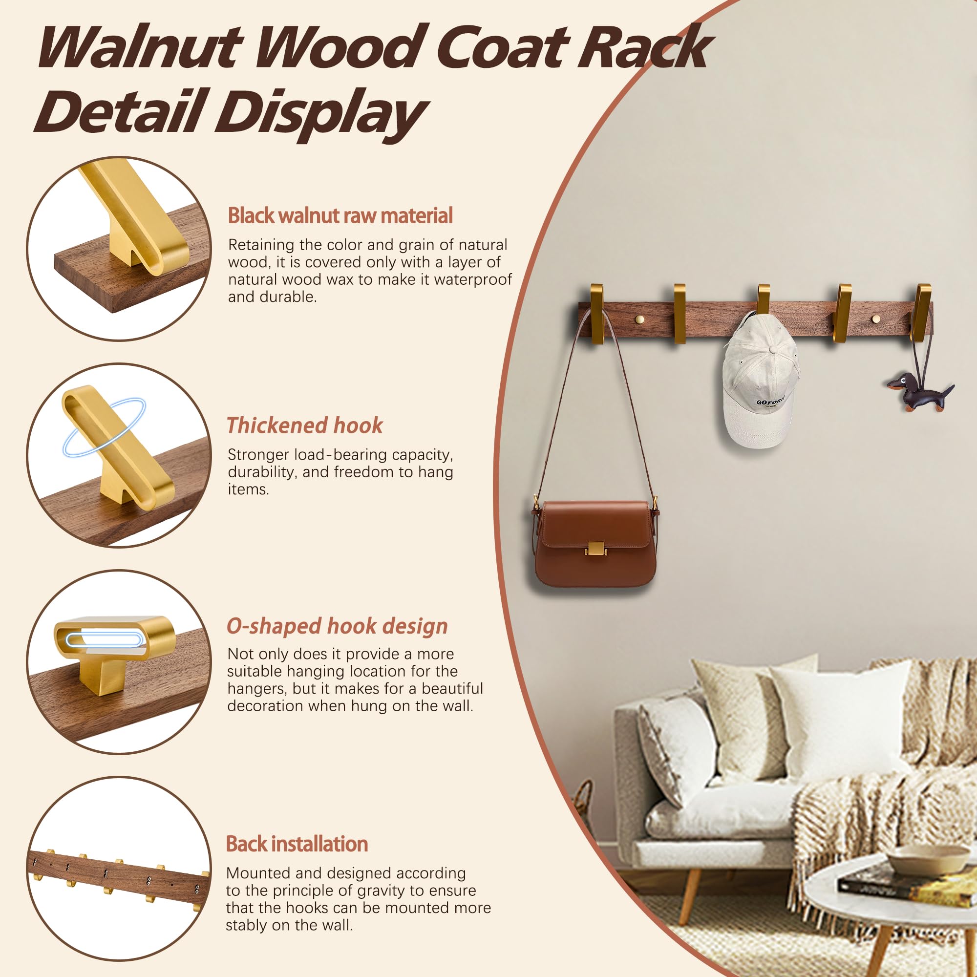 OUJUN Coat Rack Wall Mounted, 19.69 Inch Solid Walnut Wood Wall Mount Coat Hooks with 5 Golded Metal Hooks for Hanging Clothes Hat Bag and Key.Modern Coat Rack for Entryway Bedroom Bathroom Kitchen