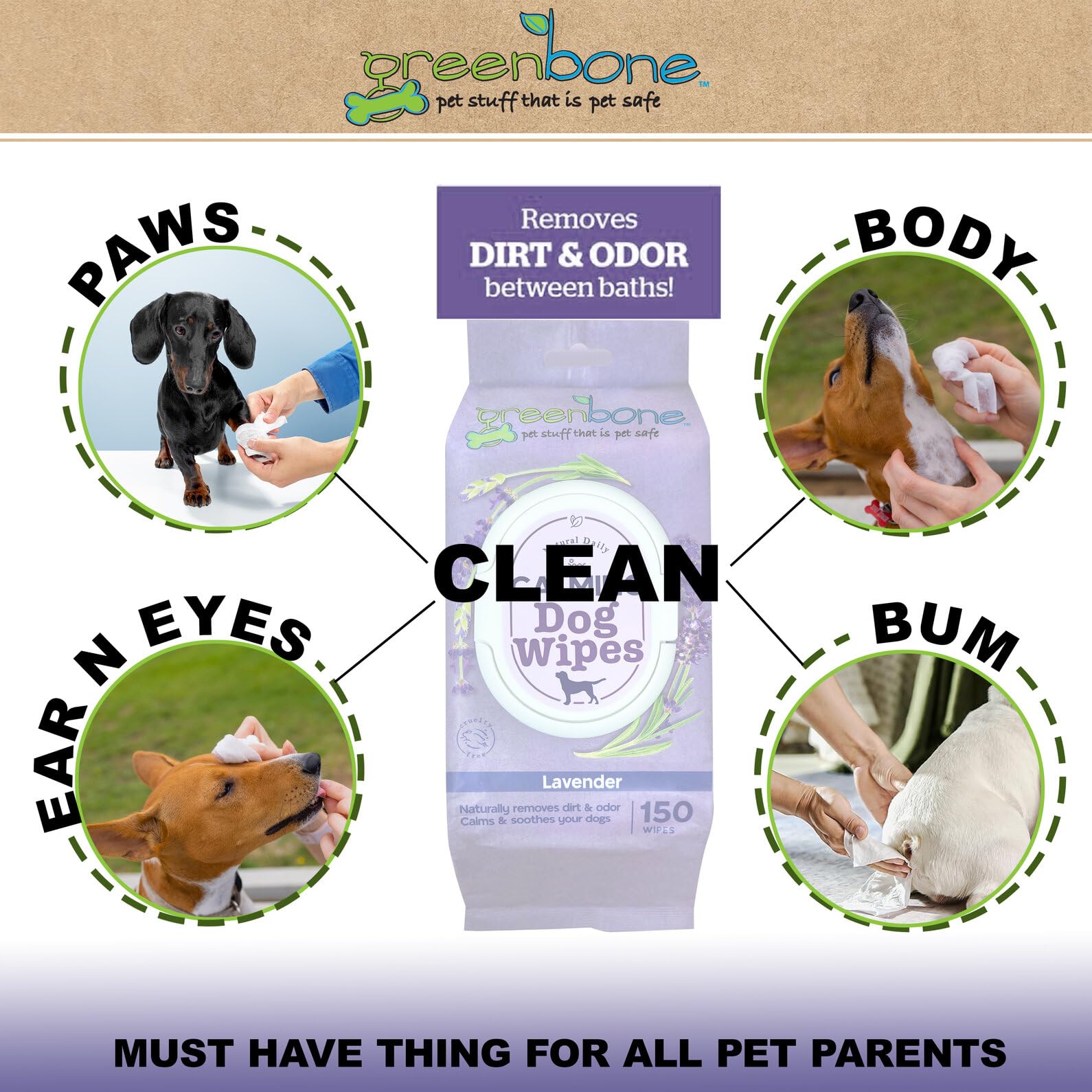 Greenbone Calming Dog Wipes - Lavender Scented - 150 Wipes