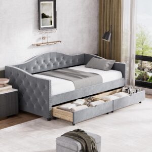 onemmlion daybed with 2 storage drawers, upholstered button tufted twin size daybed frame in linen fabric for bedroom guest room, grey