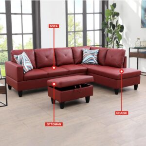 Dyncan 3-Piece Faux Leather Sectional Couch, Modern 5 Seater Corner Sofa Upholstered Modular Sofas with Chaise Lounge and Storage Ottoman, Large L-Shaped Living Room Sets w/Right Armrest (Red)