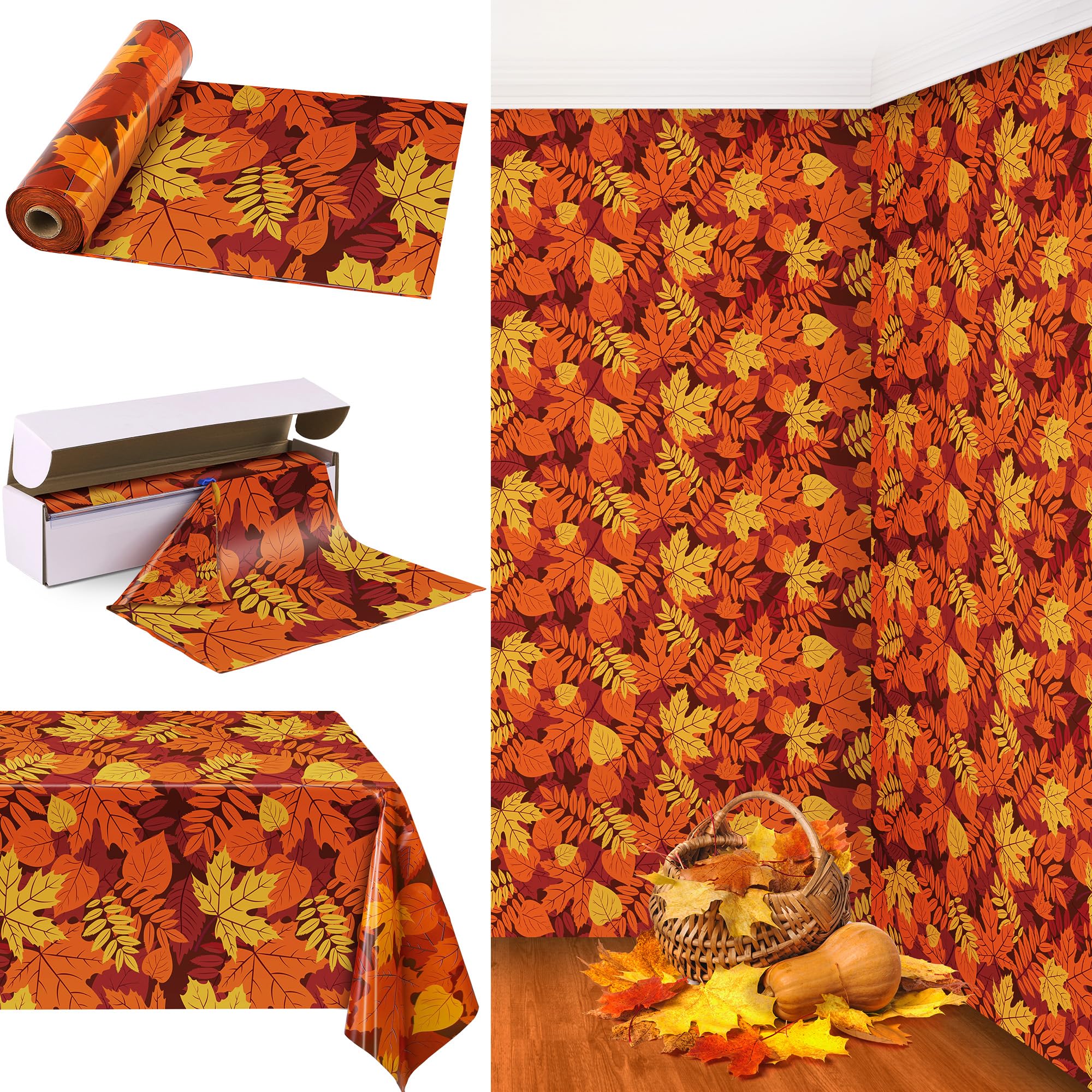 HOBBY HORSE Fall Leaf Tablecloth Roll Thanksgiving 100 Ft x 54 Inch Disposable Tablecloth Roll with Cutter Box Fall Plastic Backdrop Cut to Size Maple Leaf Fall Table Cover for Autumn Decorations