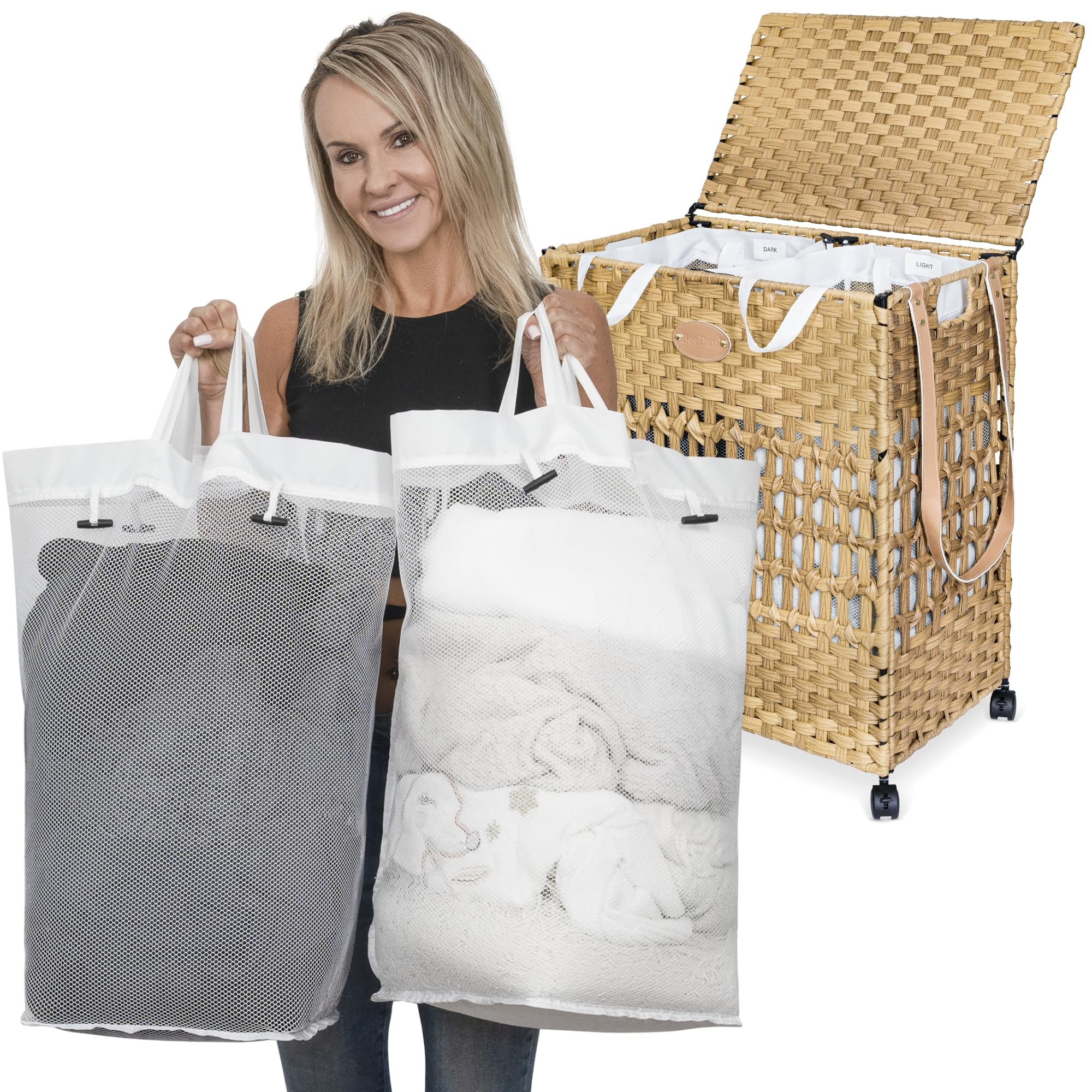 BeeDaul Laundry Hamper 2 Section with Lid, Wheels Made of Synthetic Rattan - Includes 2 Removable Mesh Laundry Bags, Foldable, with Handle - Laundry Sorter and Organizer, Bathroom Essentials