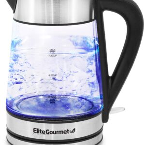 Elite Gourmet EKT602X Glass Electric Tea Kettle Hot Water Heater Boiler BPA-Free with Blue LED Interior, Fast Boil and Auto Shut-Off, Strix Controller, 1.7L, Stainless Steel