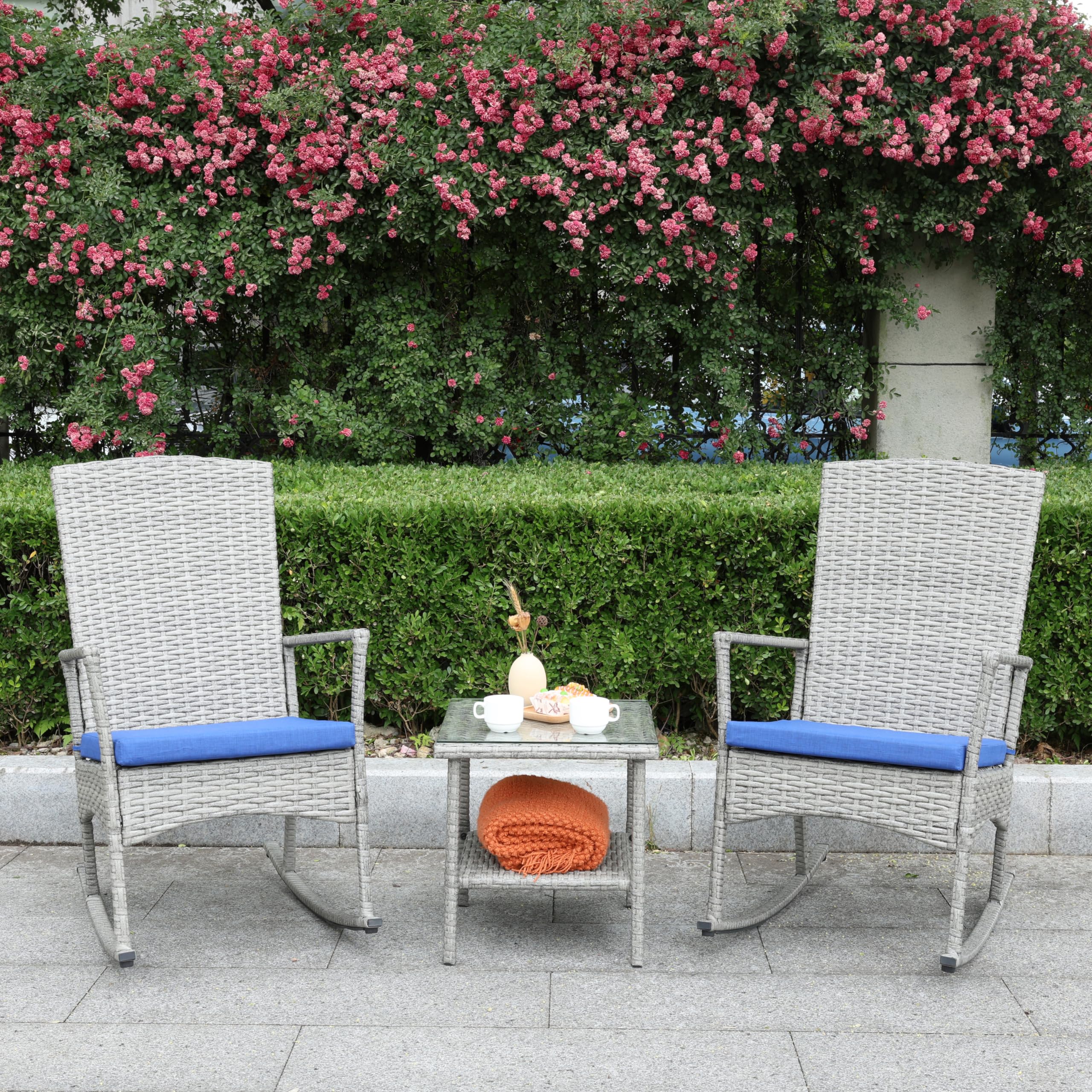 Rocking Chair Outdoor 3 Pieces High-Backed Patio Rocking Chairs Bistro Table and Chairs Set of 2 Outdoor Table and Chairs Anti-Slip Cushions, Dark Blue