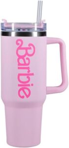 paladone barbie official licensed pink logo h2o bottle, quencher stainless steel vacuum insulated tumbler with lid and straw for water, iced tea or coffee