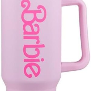 Paladone Barbie Official Licensed Pink Logo H2O Bottle, Quencher Stainless Steel Vacuum Insulated Tumbler with Lid and Straw for Water, Iced Tea or Coffee