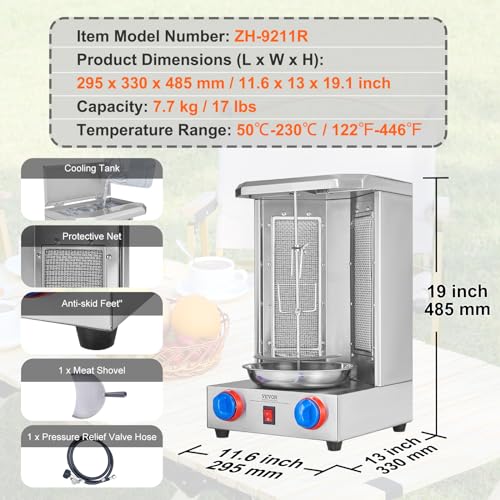 VEVOR Shawarma Grill Machine, 13 lbs Capacity, Chicken Shawarma Cooker Machine with 2 Burners, Gas Vertical Broiler Gyro Rotisserie Oven Doner Kebab Machine, for Home Restaurant Kitchen Parties