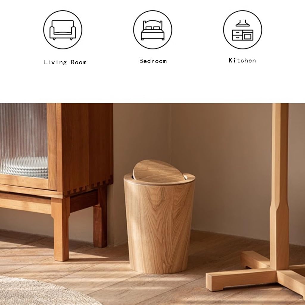 Generic 2024 New Round Wood Trash Can with Lid, Japanese-Style Natural Wood Garbage Recycling Bin, Wood Waste Bin with Swing Lid, for Bathrooms, Powder Room, Kitchen, Home Office