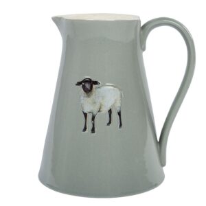 Langs Irish Large Sheep Milk Jug with Handle Creamer Pitcher for Coffee or Tea Grey Embossed Stoneware with Black Face, White