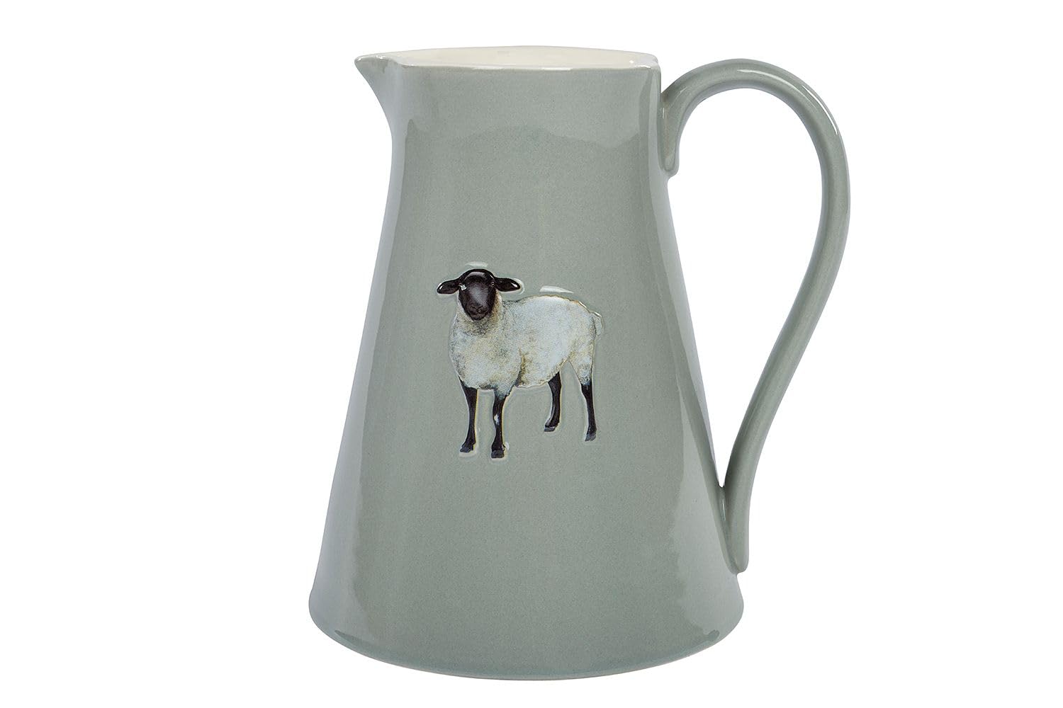 Langs Irish Large Sheep Milk Jug with Handle Creamer Pitcher for Coffee or Tea Grey Embossed Stoneware with Black Face, White