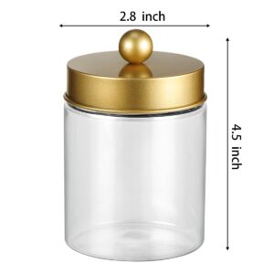 Komashr 3PC Farmhouse Decor Qtip Holder Apothecary Jars Bathroom Vanity Storage Organizer -Countertop Canister Plastic Container &Cute Stickers for Cotton Swab, Ball,Pad,Floss,Paper Clips (Gold)