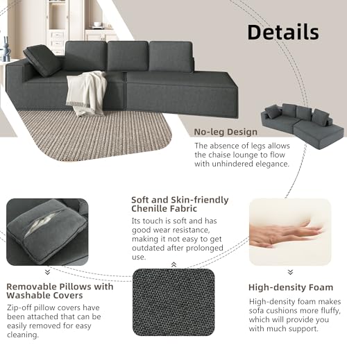 FANYE L-Shape Modular Lounge Sectional Sofa with Left Chaise, Modern Living Room Chenille Upholstered Foam Couch for Home Apartment, 2 PC Free Combination Deep Seat Cloud Sofa&Couch W/4 Pillows, Grey