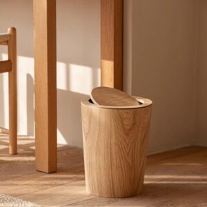 Generic 2024 New Round Wood Trash Can with Lid, Japanese-Style Natural Wood Garbage Recycling Bin, Wood Waste Bin with Swing Lid, for Bathrooms, Powder Room, Kitchen, Home Office