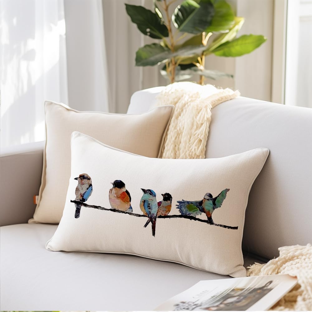 RABUSOFA Outdoor Pillow Covers Waterproof 12x20,Outdoor Bird Lumbar Throw Pillow Cases Small Decorative Pillows for Couch Patio Furniture Polyester Linen Teal Blue