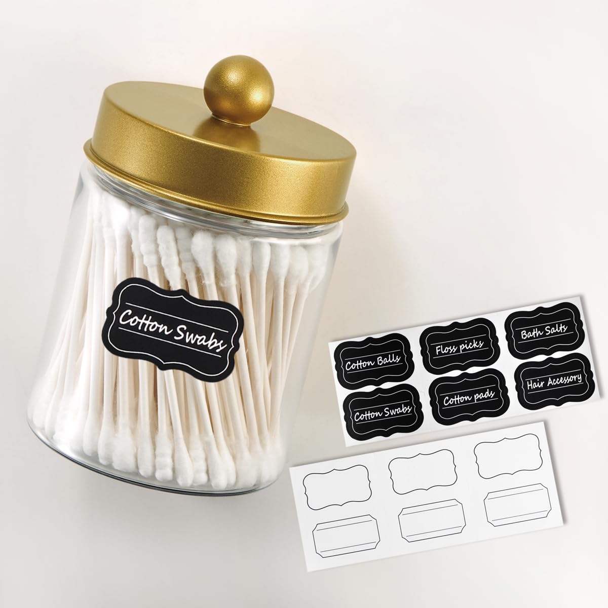 Komashr 3PC Farmhouse Decor Qtip Holder Apothecary Jars Bathroom Vanity Storage Organizer -Countertop Canister Plastic Container &Cute Stickers for Cotton Swab, Ball,Pad,Floss,Paper Clips (Gold)