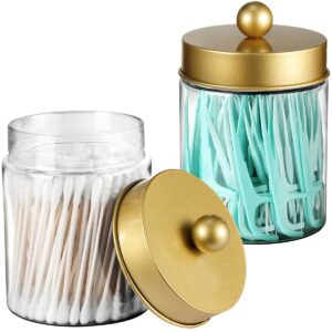 Komashr 3PC Farmhouse Decor Qtip Holder Apothecary Jars Bathroom Vanity Storage Organizer -Countertop Canister Plastic Container &Cute Stickers for Cotton Swab, Ball,Pad,Floss,Paper Clips (Gold)