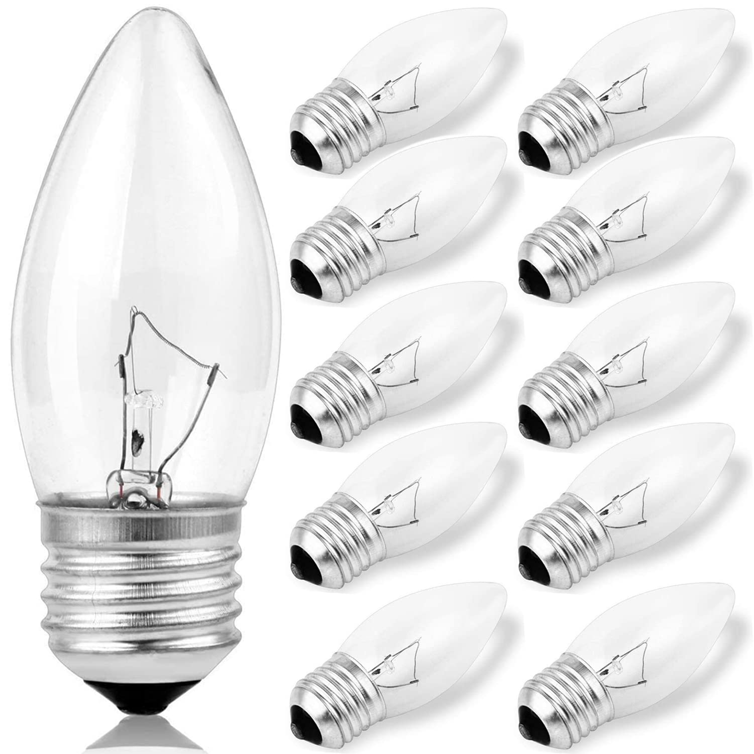 Elegant Chandelier Light Bulbs, Incandescent Torpedo Shape, Crystal Clear, Candelabra Base, Decorative Finish, 10-Pack, E26/E27 Medium Base