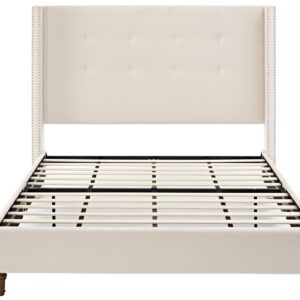 ACQCA Queen Velvet Bed Frame,Upholstered Platform Bed with Button Tufted Headboard and Nailhead Trim Wingback, Wood Slats Support, No Box Spring Needed, Easy Assembly,Ivory