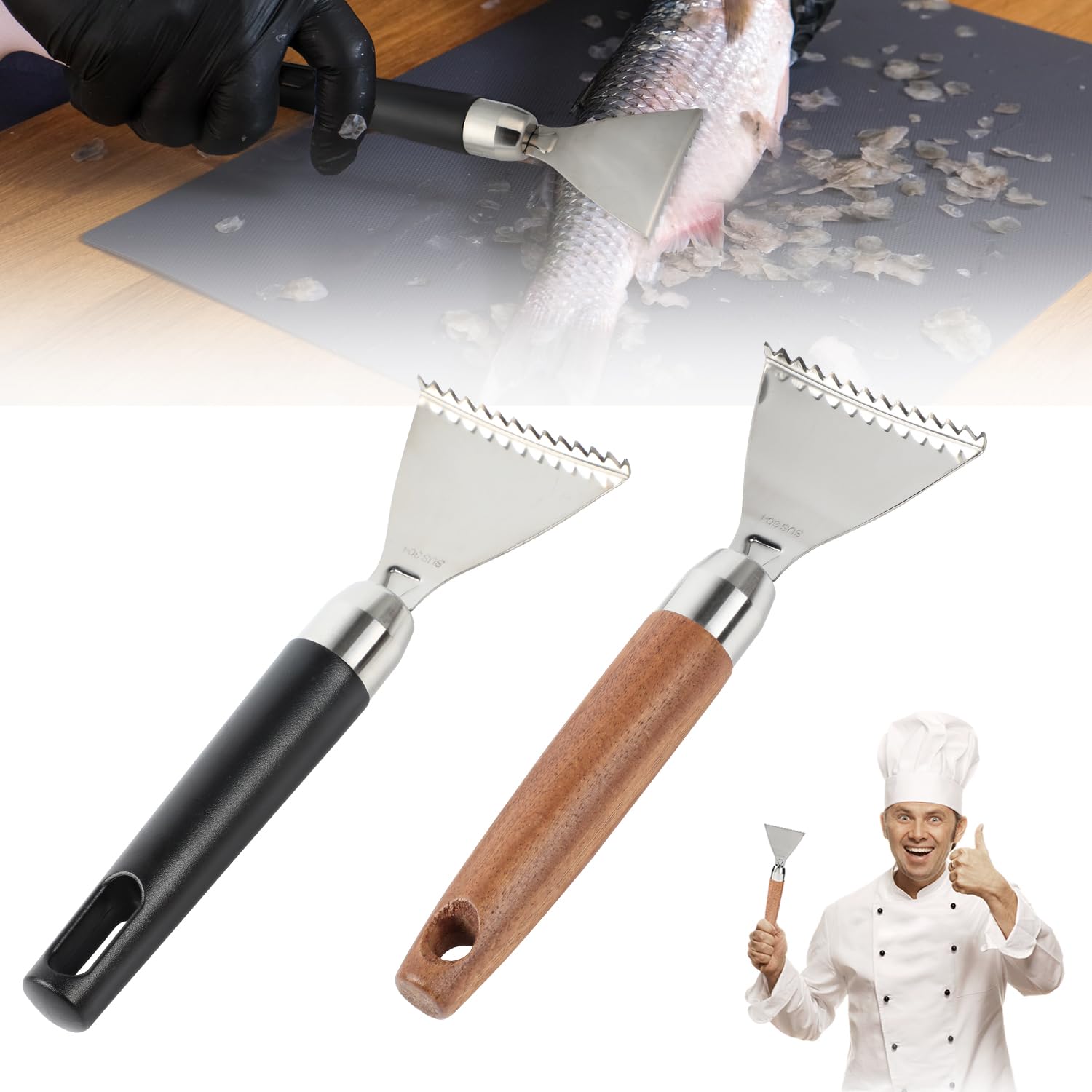 2Pcs Stainless Steel Sharp Durable Fish Scale Remover,304 stainless steel Fish Scale Remover,Portable Cordless Kitchen Fish Scaler Fish for Chef and Home Cooks Fish Cleaning tools（Black+Brown）