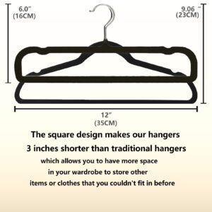 Velvet Pant Hangers, 20pcs Heavy Duty Flocked Trouser Hangers with Non-Slip Bar, 35cm(L) Adult Clothes Hanger with Swivel Hook, Slim Felt Jean Hangers for Shorts, Dress, Scraf, Bar (Black-Silver)