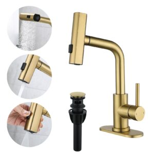 triphil waterfall bathroom faucets with 3 mode pull down sprayer,single handle modern bath sink faucet with pop up drain and deck plate,brusehd gold 1 hole rv, bar,restroom,lavatory,vanity tap