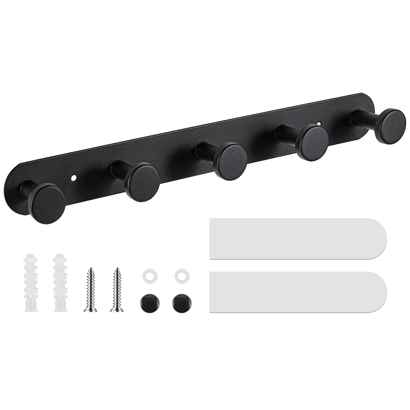 Dntorx Coat Hooks Wall Mounted, Black Coat Rack with 5 Hooks Adhesive & Screw in Door Hooks Heavy Duty Coat Hanger Towel Hooks for Wall Towels Clothes Hat