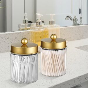 Komashr 3PC Farmhouse Decor Qtip Holder Apothecary Jars Bathroom Vanity Storage Organizer -Countertop Canister Plastic Container &Cute Stickers for Cotton Swab, Ball,Pad,Floss,Paper Clips (Gold)