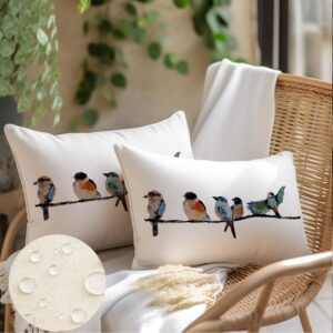 RABUSOFA Outdoor Pillow Covers Waterproof 12x20,Outdoor Bird Lumbar Throw Pillow Cases Small Decorative Pillows for Couch Patio Furniture Polyester Linen Teal Blue