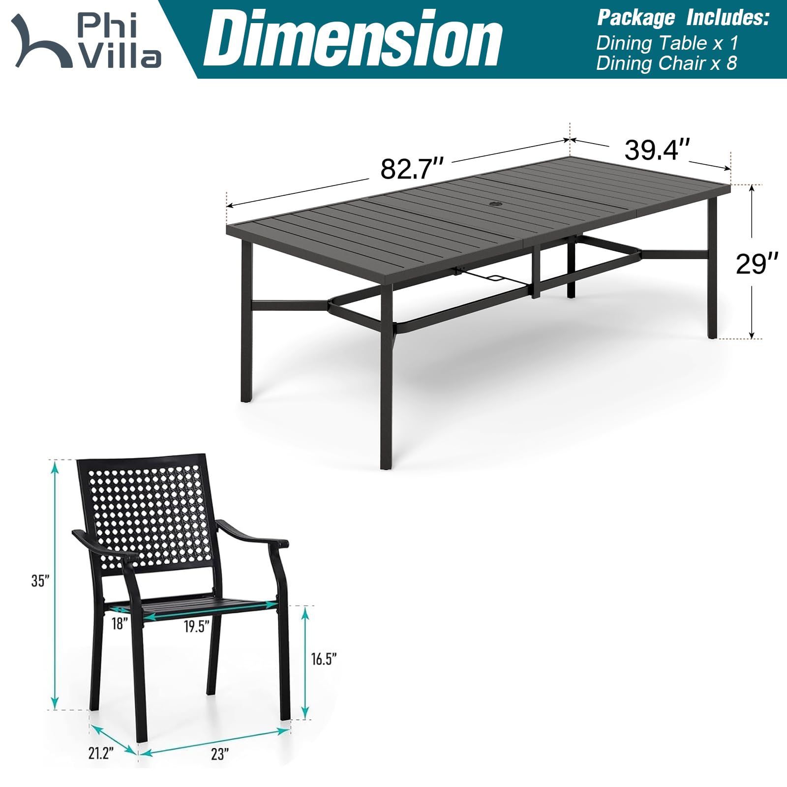 PHI VILLA 9 Pieces Outdoor Dining Set for 8, Large Rectangular Metal Dining Table with Umbrella Hole & Stackable Wrought Iron Chairs, Dining Furniture for Patio, Deck, Yard, Porch