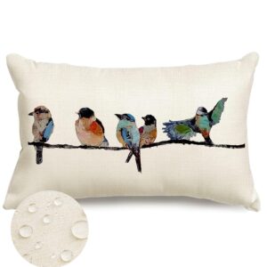 rabusofa outdoor pillow covers waterproof 12x20,outdoor bird lumbar throw pillow cases small decorative pillows for couch patio furniture polyester linen teal blue