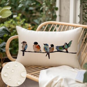 RABUSOFA Outdoor Pillow Covers Waterproof 12x20,Outdoor Bird Lumbar Throw Pillow Cases Small Decorative Pillows for Couch Patio Furniture Polyester Linen Teal Blue