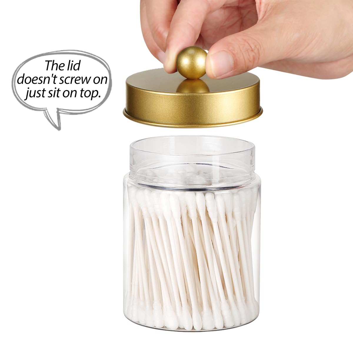 Komashr 3PC Farmhouse Decor Qtip Holder Apothecary Jars Bathroom Vanity Storage Organizer -Countertop Canister Plastic Container &Cute Stickers for Cotton Swab, Ball,Pad,Floss,Paper Clips (Gold)