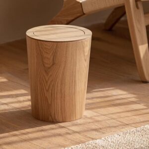 Generic 2024 New Round Wood Trash Can with Lid, Japanese-Style Natural Wood Garbage Recycling Bin, Wood Waste Bin with Swing Lid, for Bathrooms, Powder Room, Kitchen, Home Office