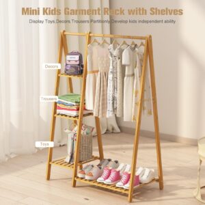 OcBuct Bamboo Small Clothes Rack,Kids Clothing Rack,Bamboo Wood Garment Rack with Shelves, Narrow,Short Mini Cloth Racks for Hanging Clothes,Simple,Free Standing