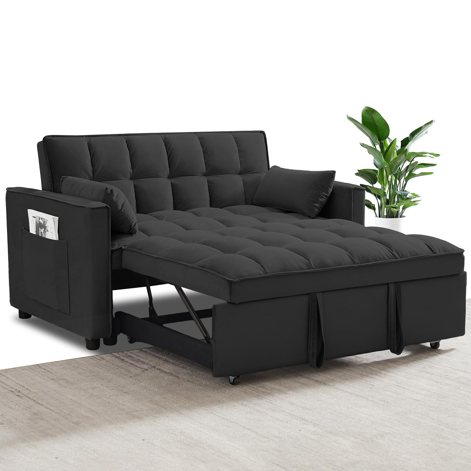 Rovibek 3 in 1 Convertible Sleeper Sofa Bed Velvet Chaise Lounge for Living Room, Black