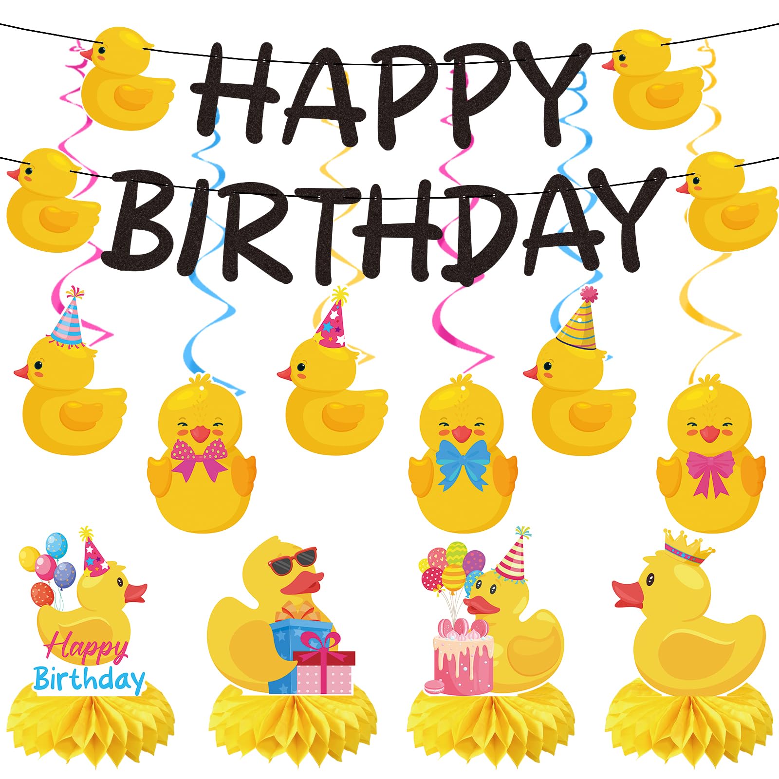 Joybileefun Duck Birthday Party Decorations - 18PCS Duck Party Decorations with Banner Hanging Swirls Centerpieces for Tables Duck Happy Birthday Decorations for Duck Themed Baby Shower Party Supplies