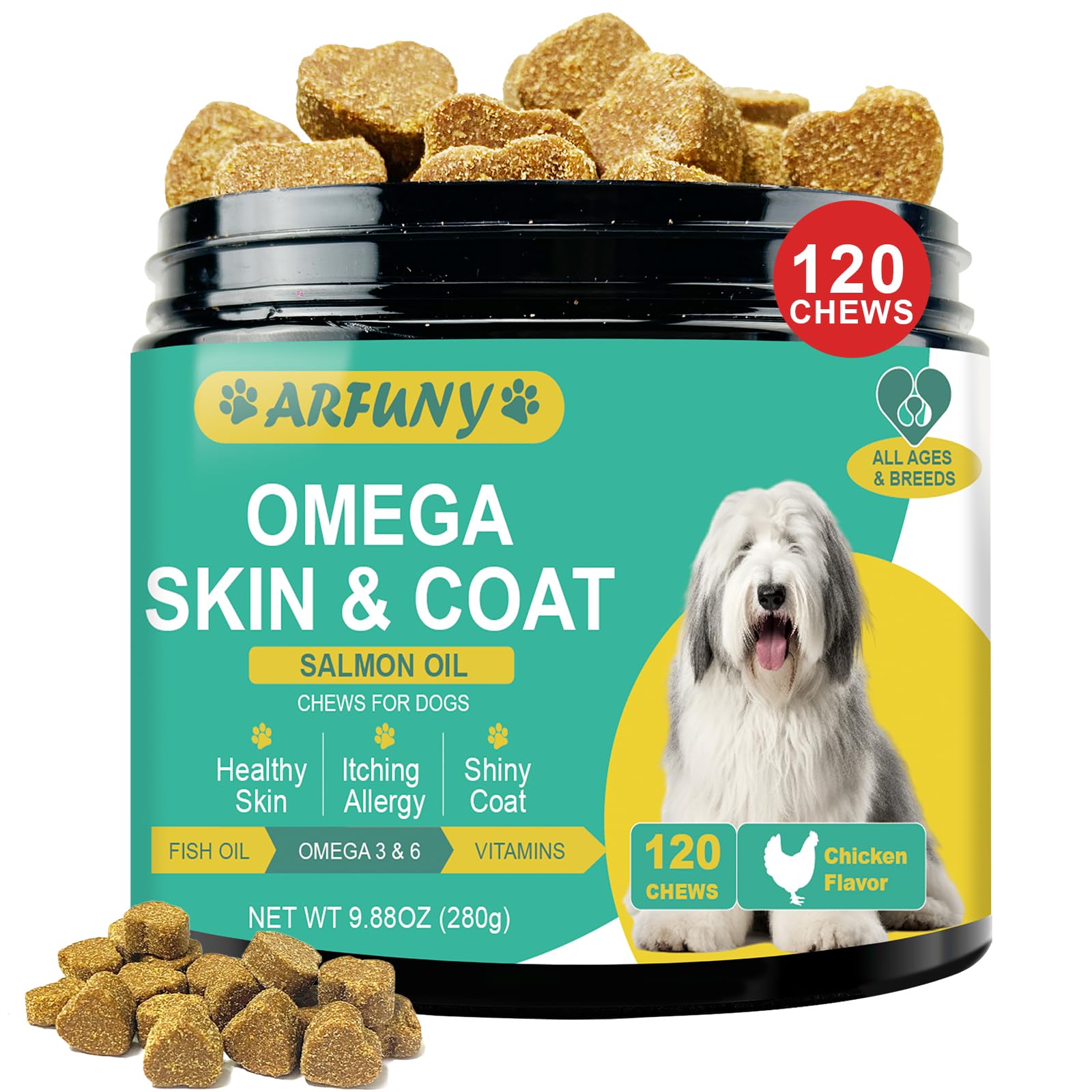 Skin and Coat Chews for Dogs - Omega 3 Supplement for Dogs with EPA & DHA Fatty Acids- Fish Oil Chews for Dogs with Salmon Oil & Vitamins - Dog Itchy, Dry & Shedding Skin Relief- Chicken, 120 Chews