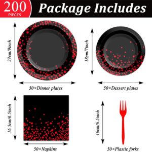 50 Guests Red and Black Birthday Party Supplies Set Red Dot on Black Disposable Plates Napkins Red and Black Tableware Set Party Papaer Dinnerware for Birthday Graduation Wedding Decorations 200Pcs