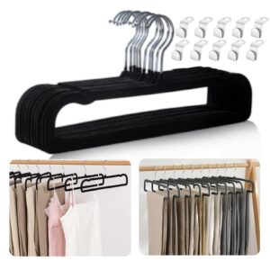 velvet pant hangers, 20pcs heavy duty flocked trouser hangers with non-slip bar, 35cm(l) adult clothes hanger with swivel hook, slim felt jean hangers for shorts, dress, scraf, bar (black-silver)