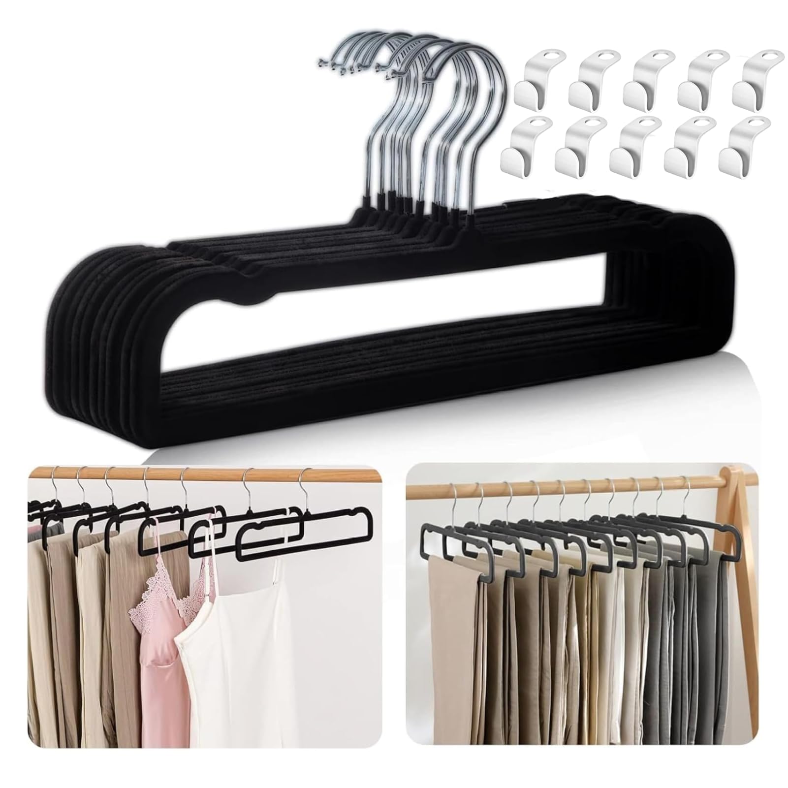 Velvet Pant Hangers, 20pcs Heavy Duty Flocked Trouser Hangers with Non-Slip Bar, 35cm(L) Adult Clothes Hanger with Swivel Hook, Slim Felt Jean Hangers for Shorts, Dress, Scraf, Bar (Black-Silver)