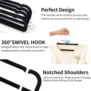 Velvet Hangers Non Slip - 20 Pack Pants Hangers for Closet - Thin Space Saving Clothes Hanger - Strong, Durable, Jean Hangers with 360 Degree Rotatable Hook, Tank Top Hangers (Black Silver Hook)