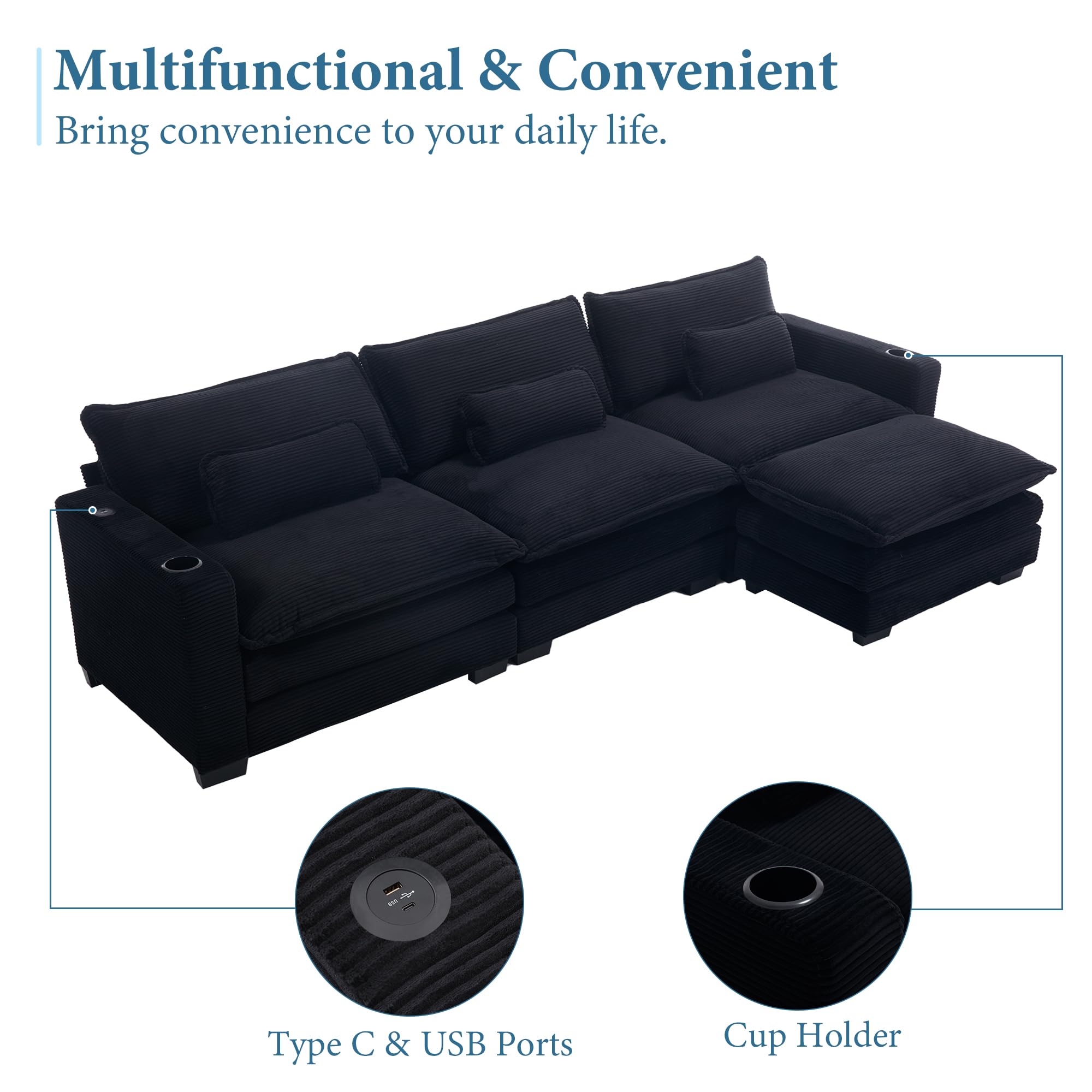 Tmsan 117.7" L Shaped Sectional Sofa with Cup Holders & USB Ports, Modern 3 Seat Cloud Couch with Double Cushions & Ottoman for Living Room, Apartment, Black Corduroy