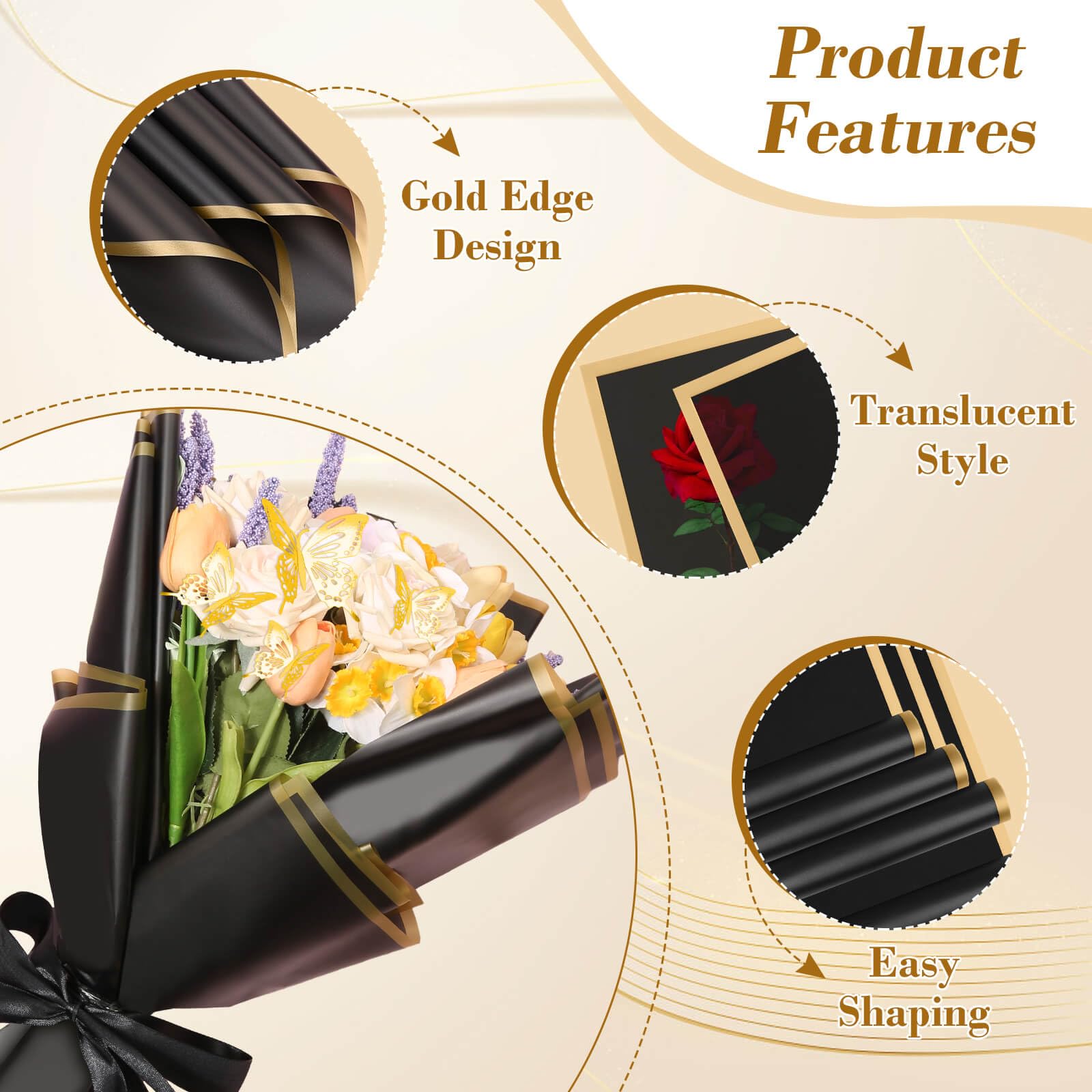 cridoz 20 Sheets Flower Bouquet Wrapping Paper with 12 Pieces Gold Butterfly Decorations for Flower Bouquets, Waterproof Floral Bouquet Wrapping Paper for Flower, Gift Wrapping(Black)