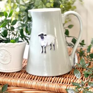 Langs Irish Large Sheep Milk Jug with Handle Creamer Pitcher for Coffee or Tea Grey Embossed Stoneware with Black Face, White